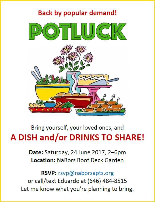 Potluck gathering, Saturday, 24 June 2017, 2–6pm | NaBors Apartments